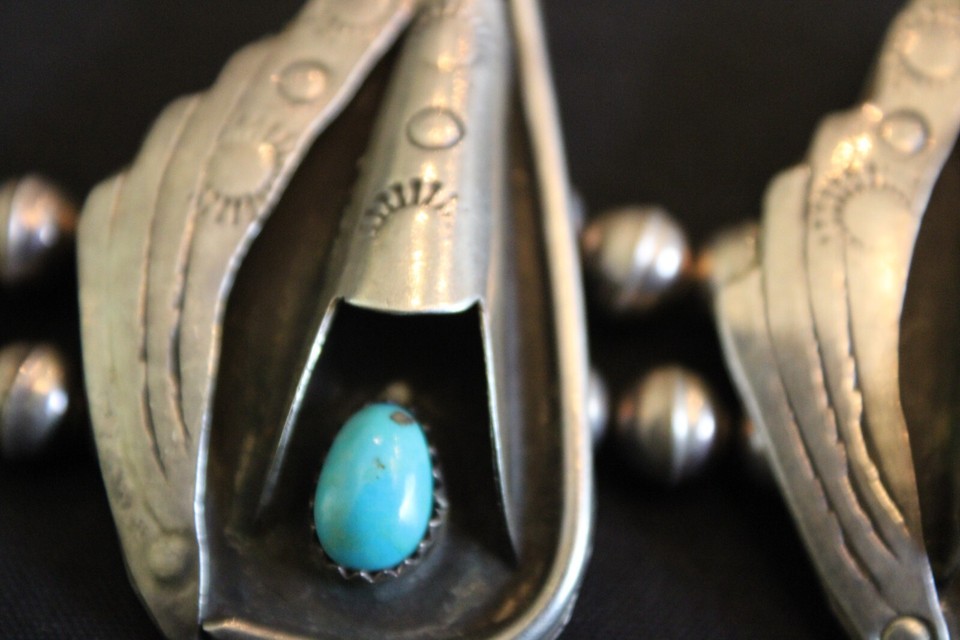 VINTAGE STERLING ROYSTON TURQUOISE & RED JASPER SQUASH BLOSSOM NECKLACE ...