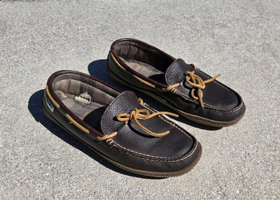 Mens L.L. Bean Bison Leather Slippers Flannel Lined Moccasins Hand Sewn ...