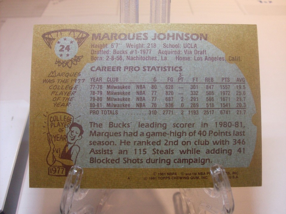 1981-82 Topps Basketball Card #24 - Marques Johnson - Milwaukee Bucks ...