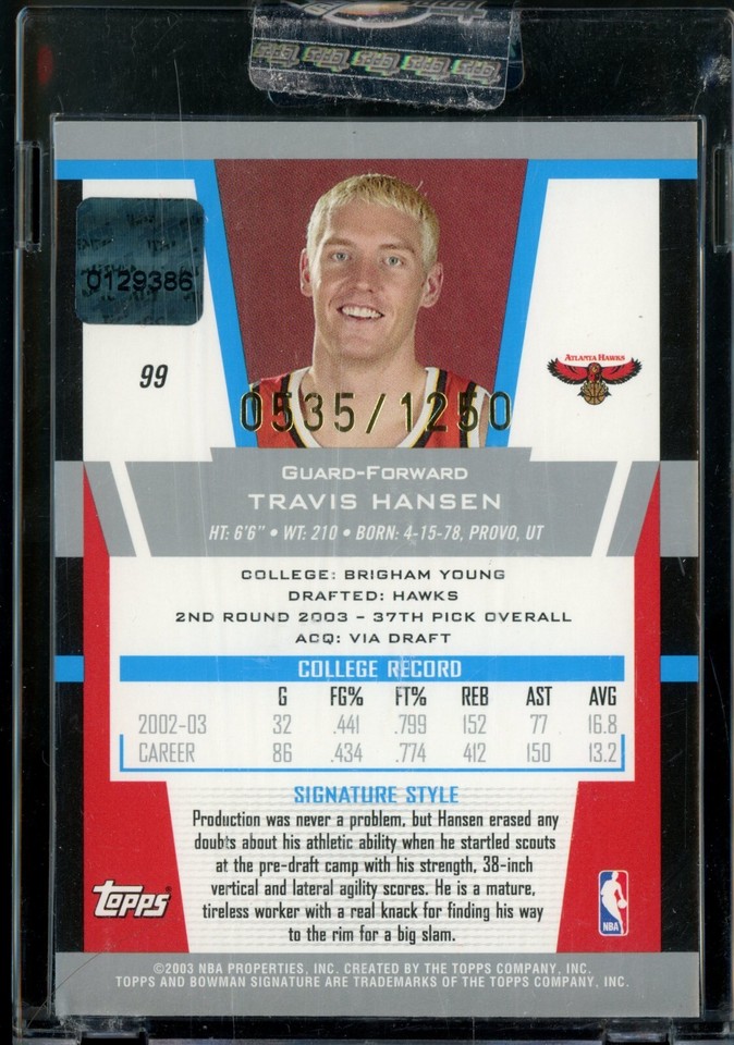 2003-04 Bowman Signature Travis Hansen Rookie #99 RPA 0535/1250 Atlanta ...