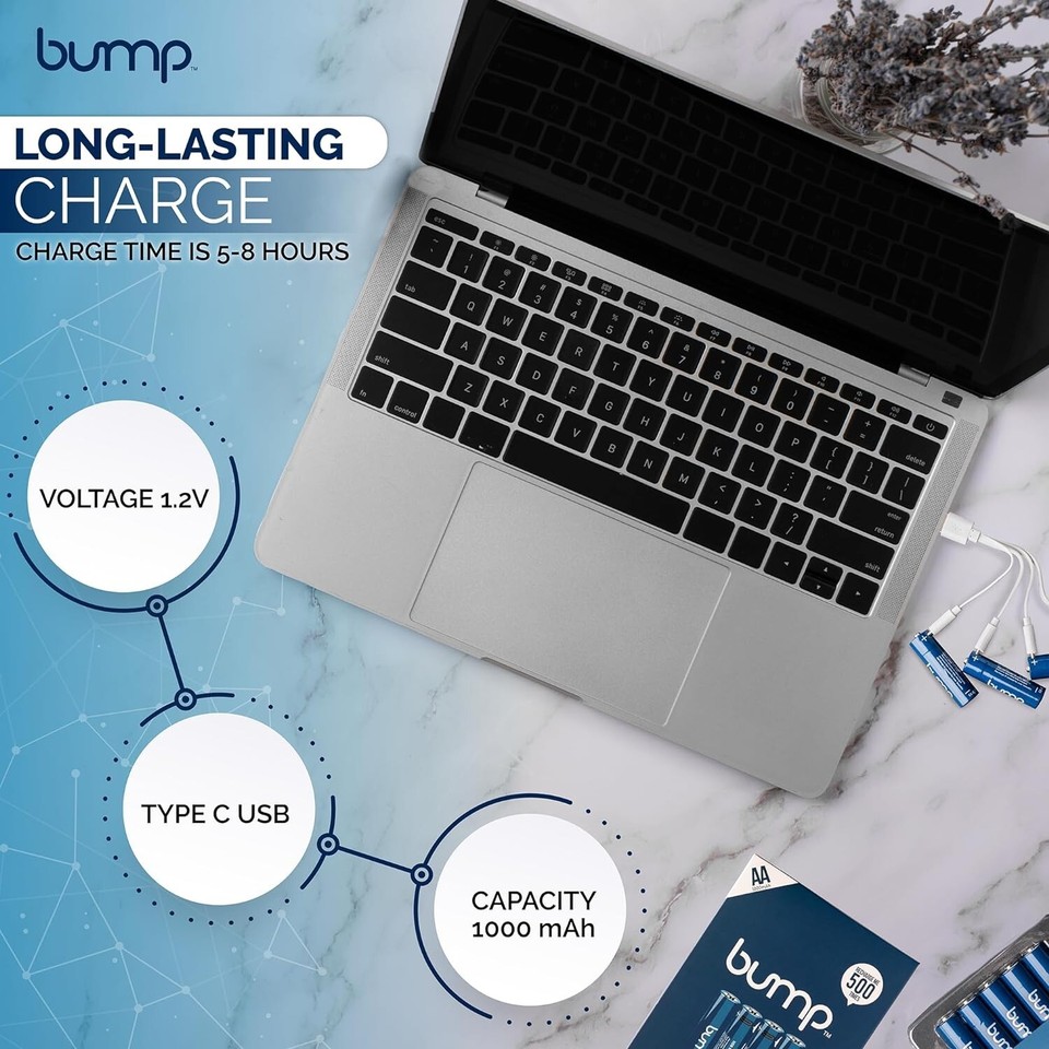 Bump AA High Capacity Rechargeable Batteries 1.2V 1000mAh USB Type C ...