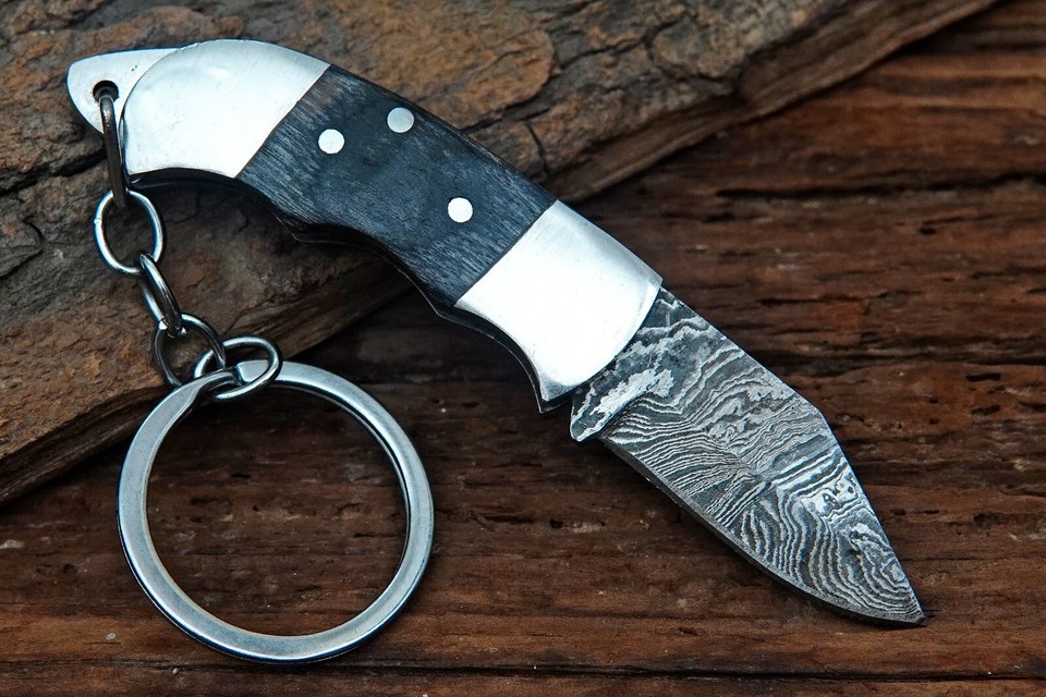 CUSTOM HAND FORGED Damascus Key Chain Folding Knife EDC Damascus Steel ...