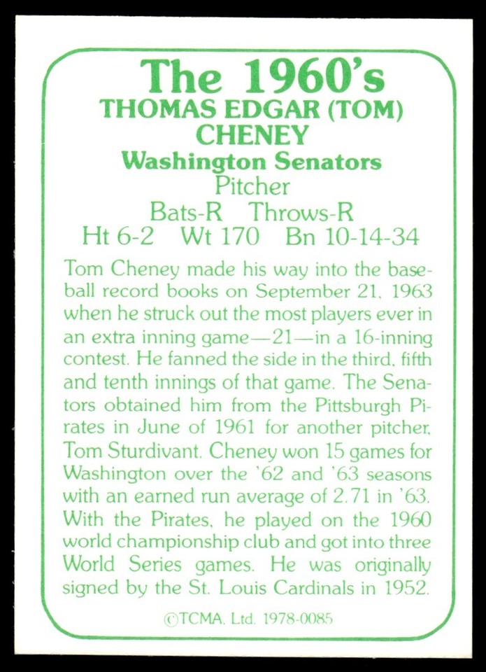 1978 TCMA The 1960's I Tom Cheney Washington Senators #85 | eBay