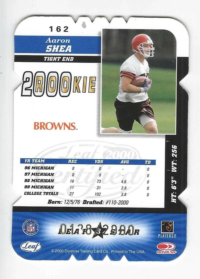 AARON SHEA 2000 LEAF CERTIFIED ROOKIE #162 SERIAL #138/2000 CLEVELAND ...