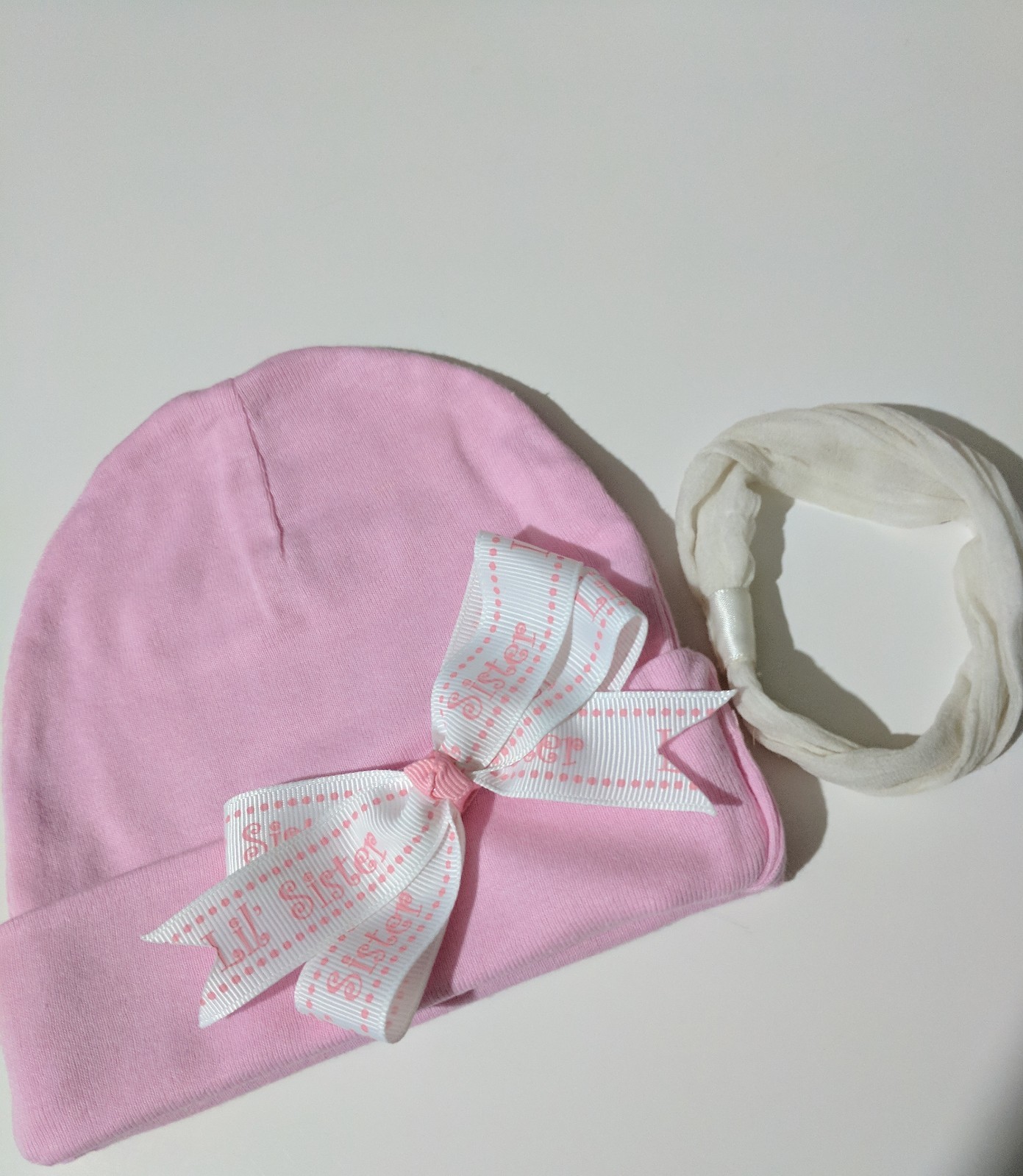 Baby girl beanie pink hat with alligator clip/bow headband 0-6months ...