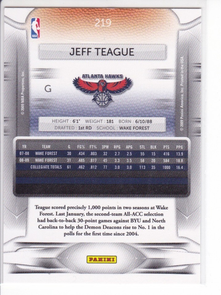 JEFF TEAGUE SIGNED 2009-10 PANINI PRESTIGE NO. 219 RC CARD AUTOGRAPH ...