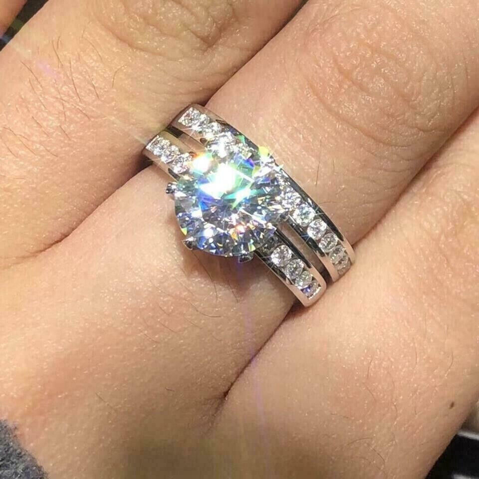 Round Cut 4.25Ct Simulated Diamond Bridal Wedding Ring Set 14K White ...