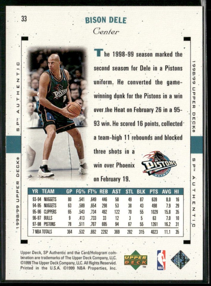 1998-99 SP Authentic #33 Bison Dele | eBay