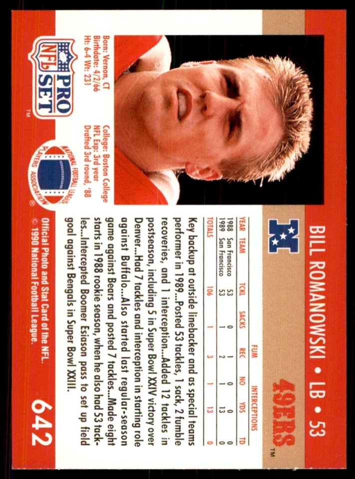 1990 Pro Set Bill Romanowski Football Cards #642 | eBay