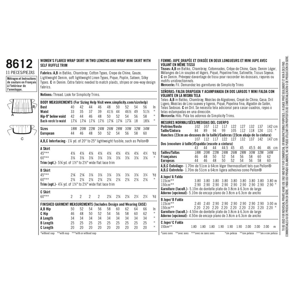 Simplicity 8612 Sz 18-26 EASY Wrap Skirt Ankle Knee Length Mini Side ...
