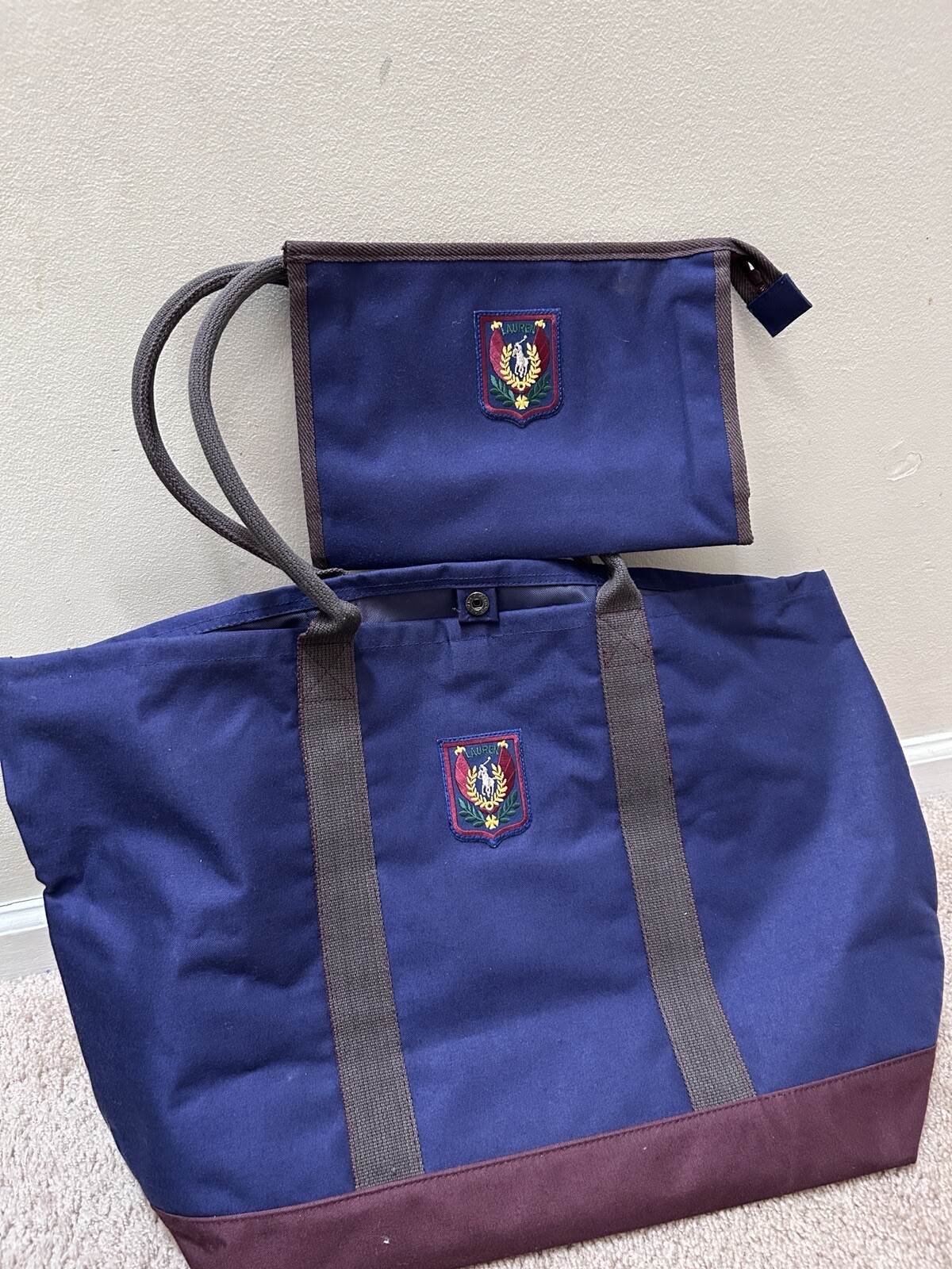 Vintage Lauren Ralph Lauren Canvas Large Tote Bag with Pounch Indigo ...