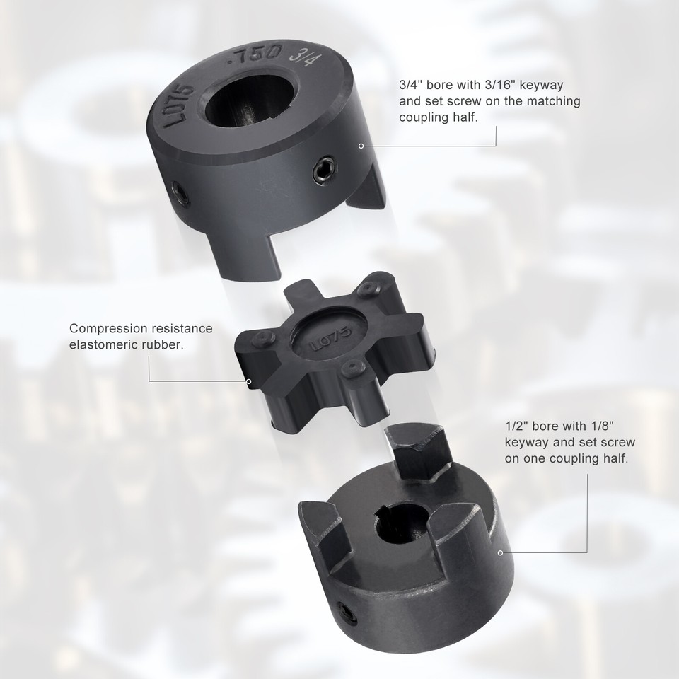 1/2 to 3/4 L075 3-Piece L-Jaw Coupling Set Rubber Spider for Log Wood ...