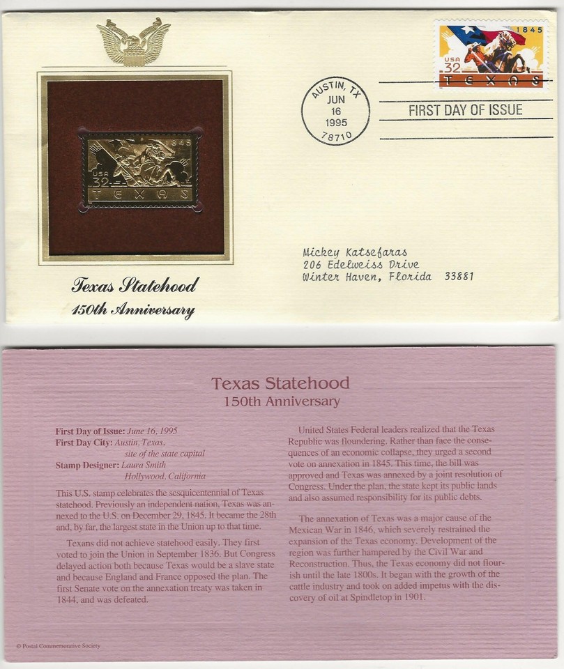 1995 PCS Texas Statehood 150th Anniversary 32¢ FDC 22K Gold Stamp ...