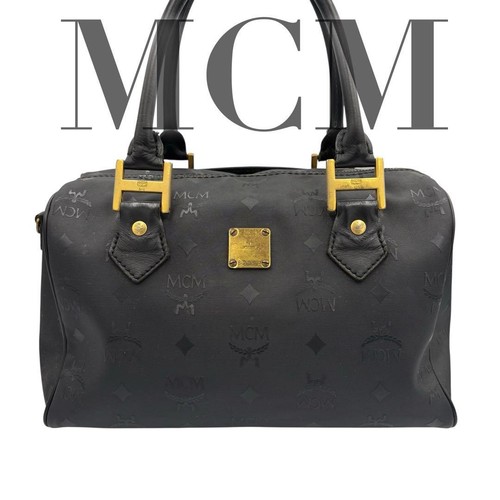 Good Condition MCM Mini Boston Bag Black Handbag Visetos Pattern PVC | eBay
