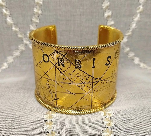 Vintage Ted Lapidus Gold Tone Orbis Nautical Ship Map Cuff Bracelet ...