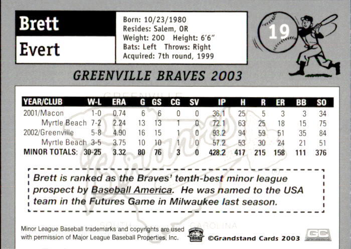 2003 Greenville Braves Grandstand #11 Brett Evert Salem Oregon OR ...