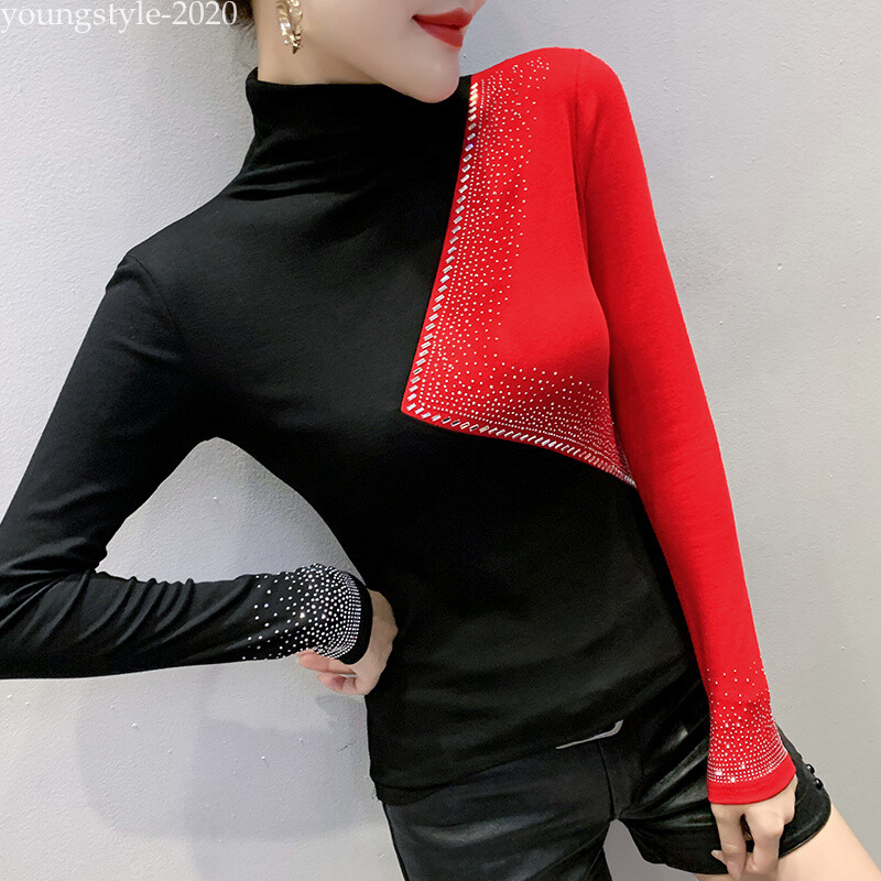 Women Sexy Rhinestone Mesh Sheer Mock Neck Party Club Slim Tops ...