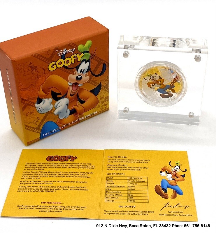 2014 NIB $2 Disney Mickey & Friends Goofy 1 oz Silver 0.999 Proof Coin ...