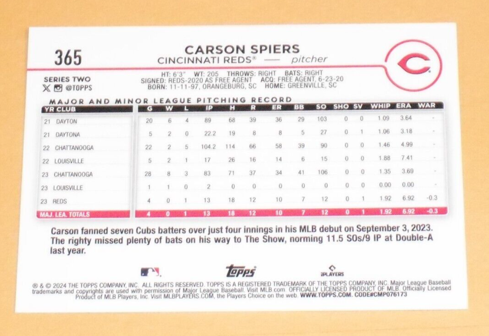 2024 Topps Series 2 Carson Spiers #365 Rookie Card RC Cincinnati Reds ...