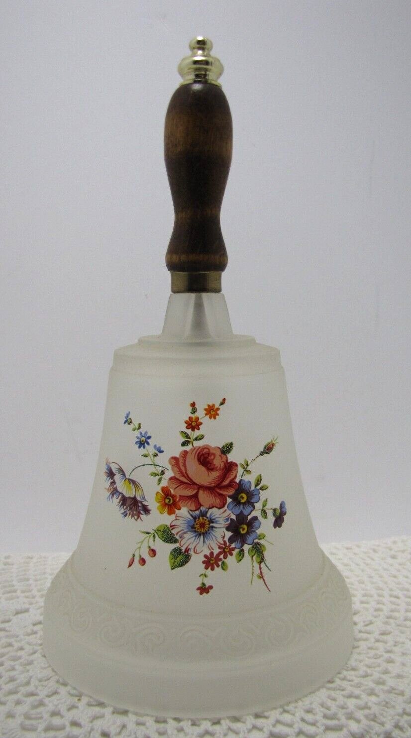 Vintage Frosted-Glass Bell Multicolored Painted Flowers Wood Handle ...