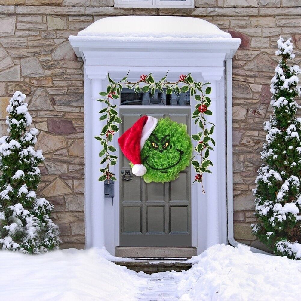 45cm Christmas Grinch Front Door Outdoor Wreath Decor Wall Hanging ...