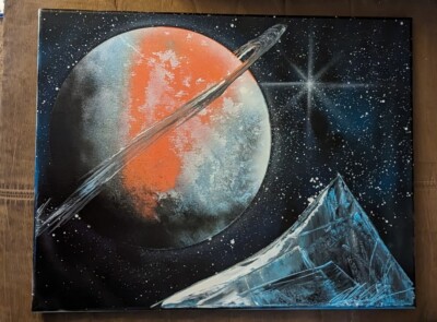Ringed Planet And North Star Over Mountain Spray Paint Art 18x14 Inch ...