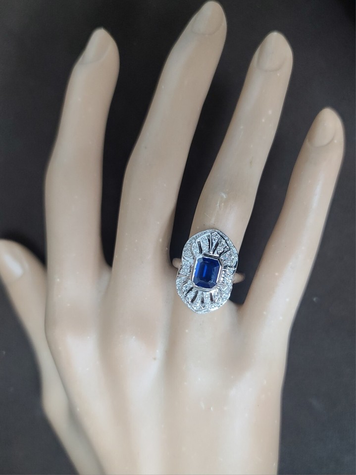 Vintage 14k White Gold Ring 1.57CT. Natural Blue Sapphire Emerald Cut Circ 1950' | eBay
