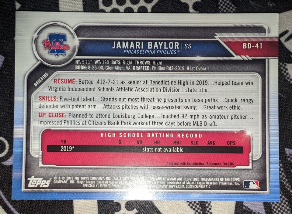 2019 Bowman Draft Baseball Jamari Baylor Blue Rookie Card /499 PHILLIES ...