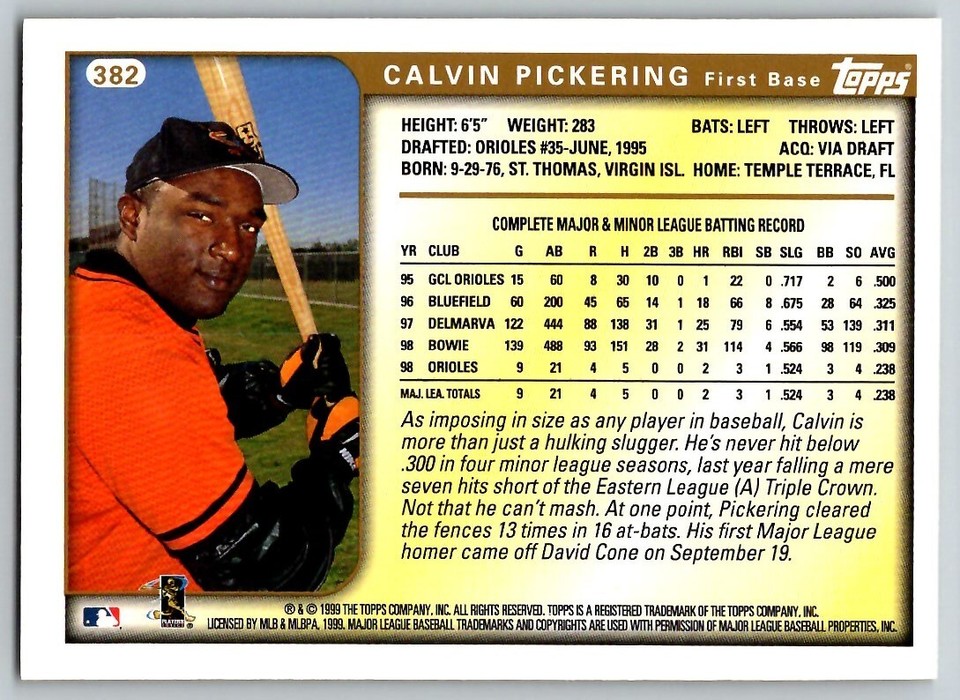 1999 TOPPS CALVIN PICKERING BALTIMORE ORIOLES #382 | eBay