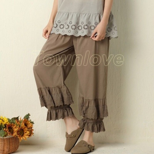 Women Cotton Bloomers Pants Casual Trousers Layered Lace Trim Loose ...