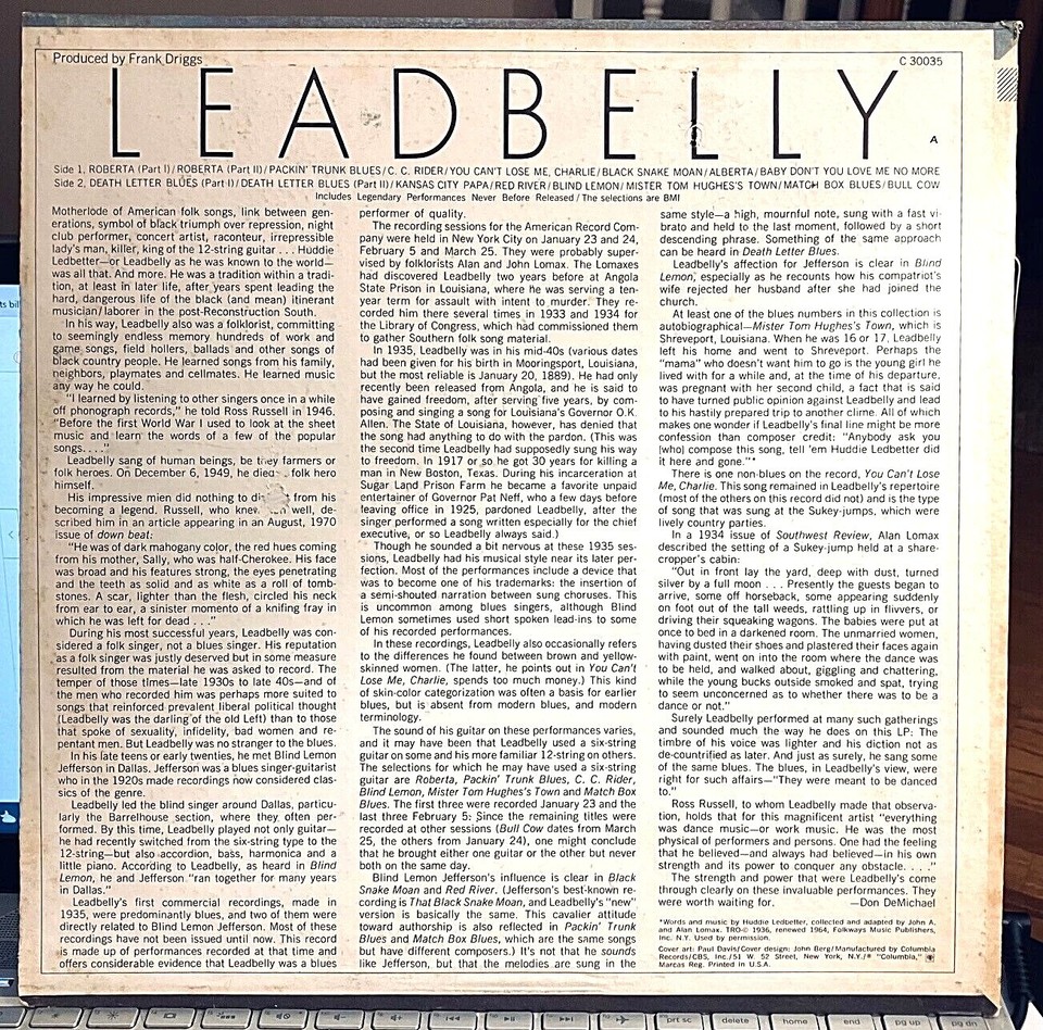 Leadbelly LP - Legendary Performances - Columbia C 30035, 1970, MONO ...