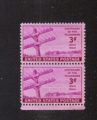 US STAMP 924 PAIR PINK 3c Centenary of Telegraph 1944 MINT NH OG FREE ...
