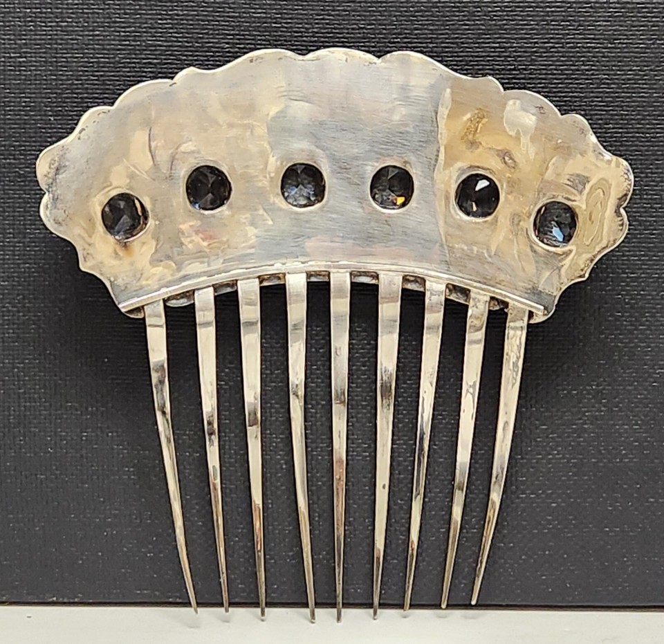 Victorian Etched Sterling Silver Hair Comb Bright Paste Crystal Jewels ...