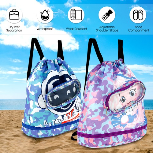 2Pcs Swimming Backpack for Kids Cute Drawstring Kids Beach Bag with ...