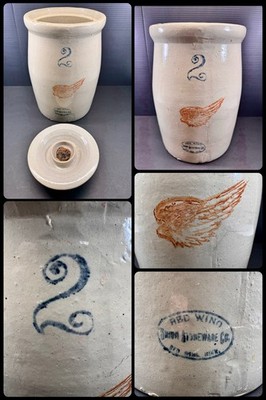 Red Wing Stoneware (2) Gallon Butter Churn w/Lid 4” Wing VG Condition ...