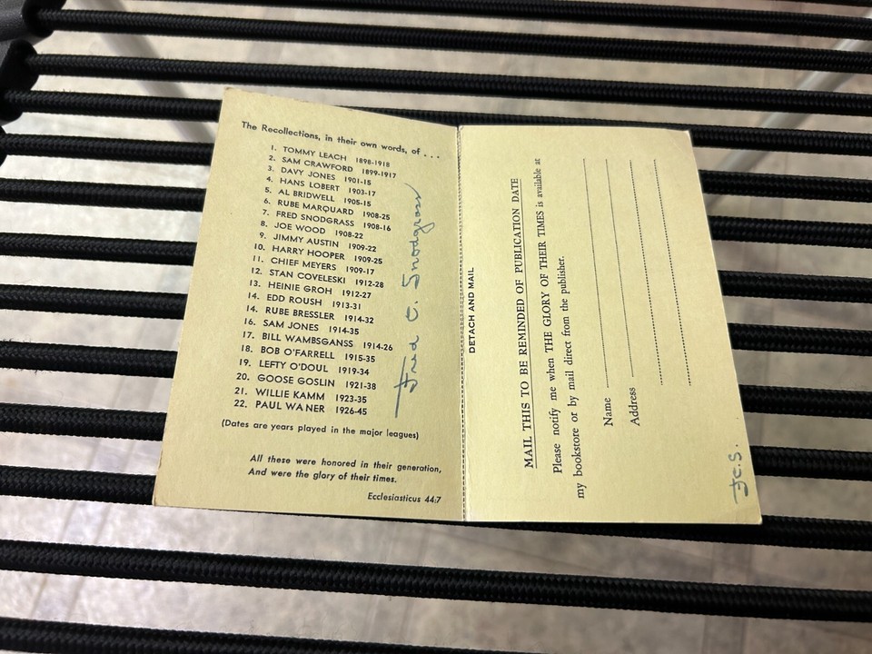 original 1965 THE GLORY OF OUR TIMES AD CARD signed by FRED SNODGRASS ...