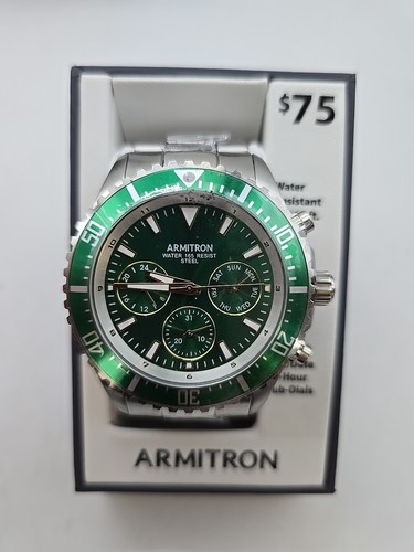 1 NEW ARMITRON ATLAS 45 GREEN SILVER ANALOG WATCH WITH 3 SUBDIALS 20 ...