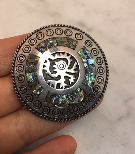 Vintage HJA Sterling Silver Aztec Abalone Pin Brooch Pendant Mexico | eBay