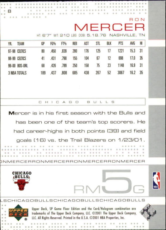 2000-01 SP Game Floor Chicago Bulls Basketball Card #8 Ron Mercer | eBay