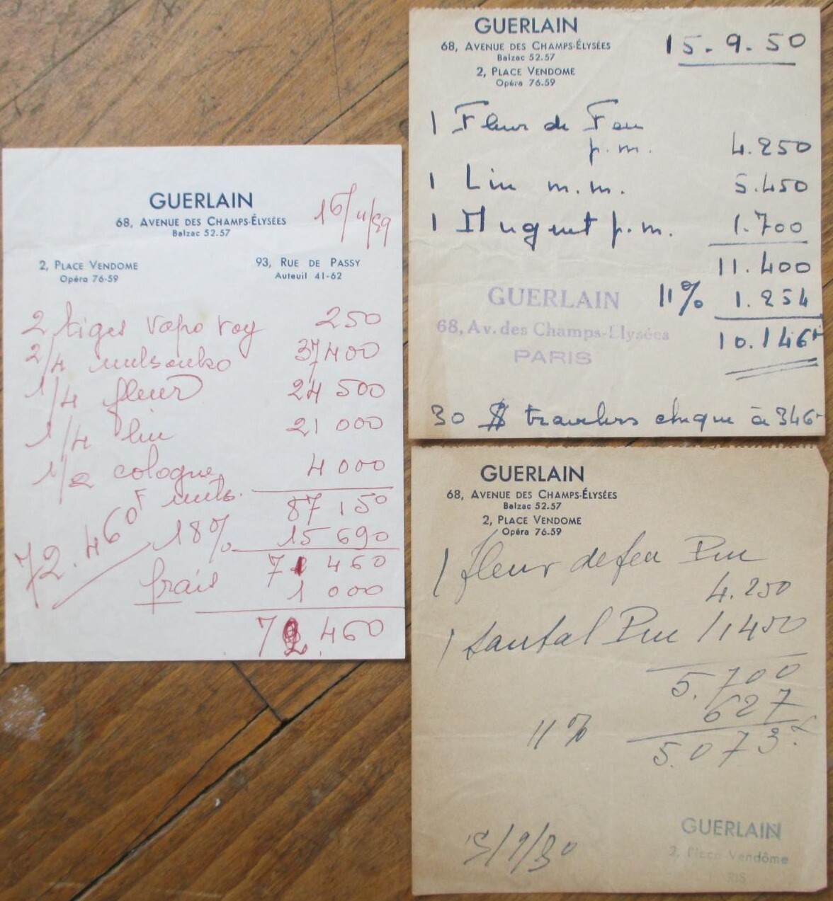 Guerlain Perfume 1950s Receipt Billhead Group of Three, Paris, France ...