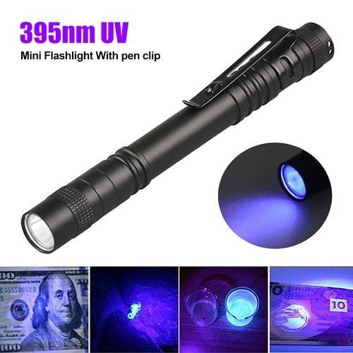 365nm Mini UV LED Pen Light Flashlight w/ Clip AAA Ultraviolet Black ...