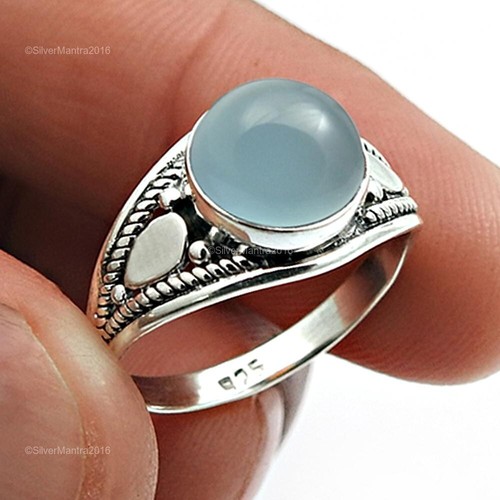 Round Chalcedony Gemstone 925 Solid Silver Engagement Cocktail Ring ...