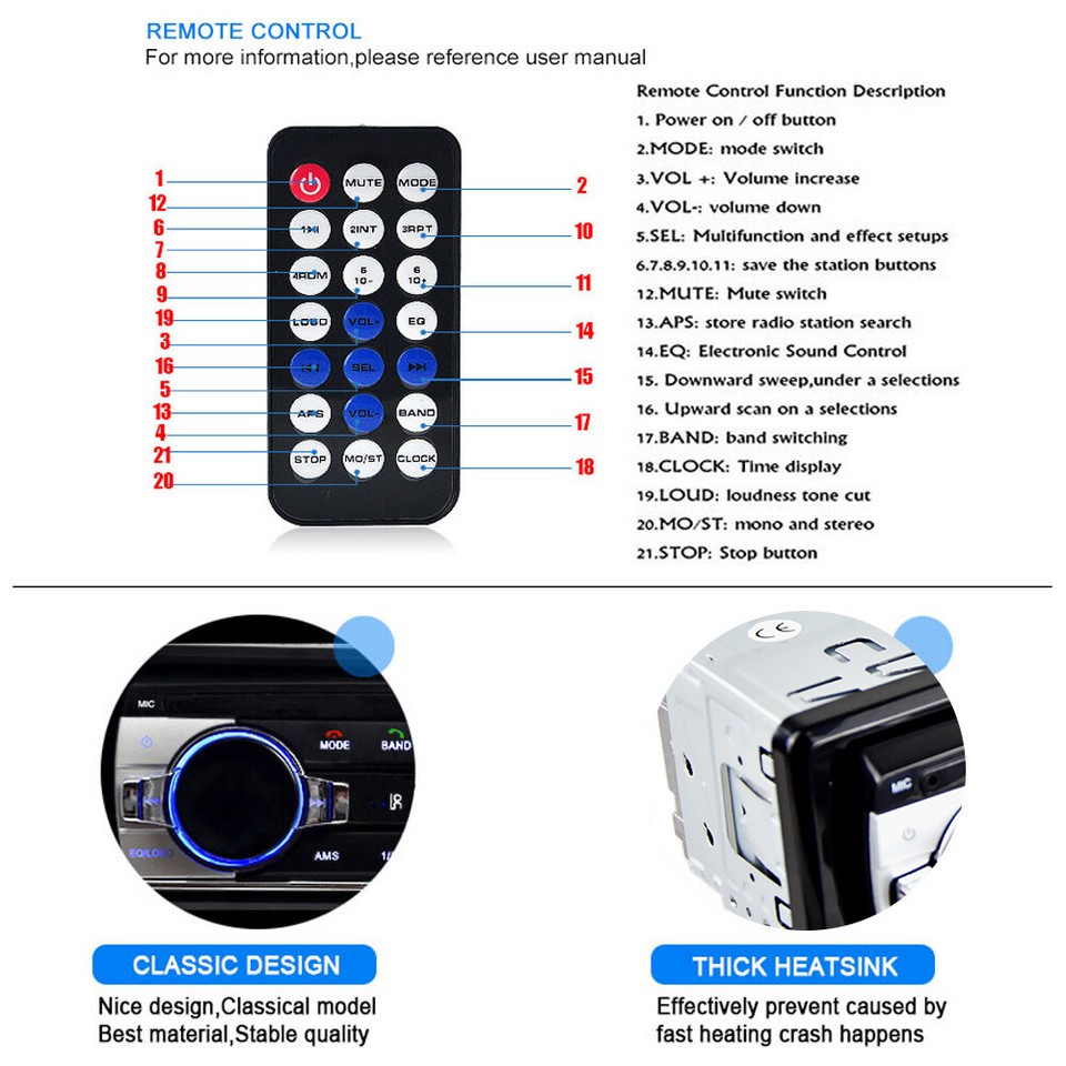 1Din 12V Car MP3 Stereo Radio BT Music Player FM TF/USB AUX Head Unit ...