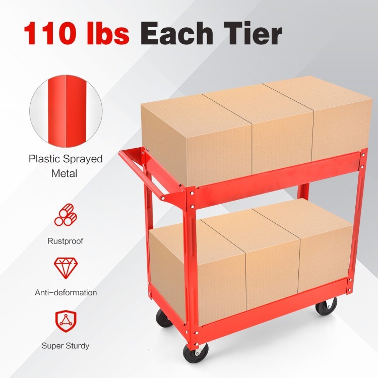 2-Tiers Garage Utility Metal Cart Heavy-Duty Storage Organizer Trolley ...