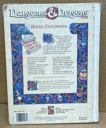 1991 Dungeons and Dragons Rules Cyclopedia D&d RPG TSR 1071 1st Edition ...