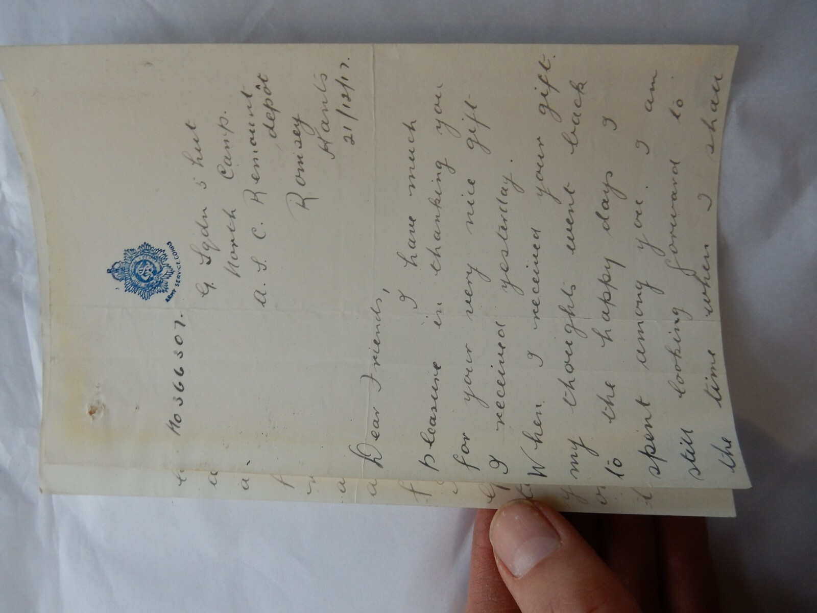 ASC ROMSEY HANTS 2 PAGE LETTER STOKESLEY LAD 1917 WW1 W T ALDERSON ...
