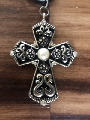 Silver Black Cross With Pearl Center And Diamond Accents Black Leather ...