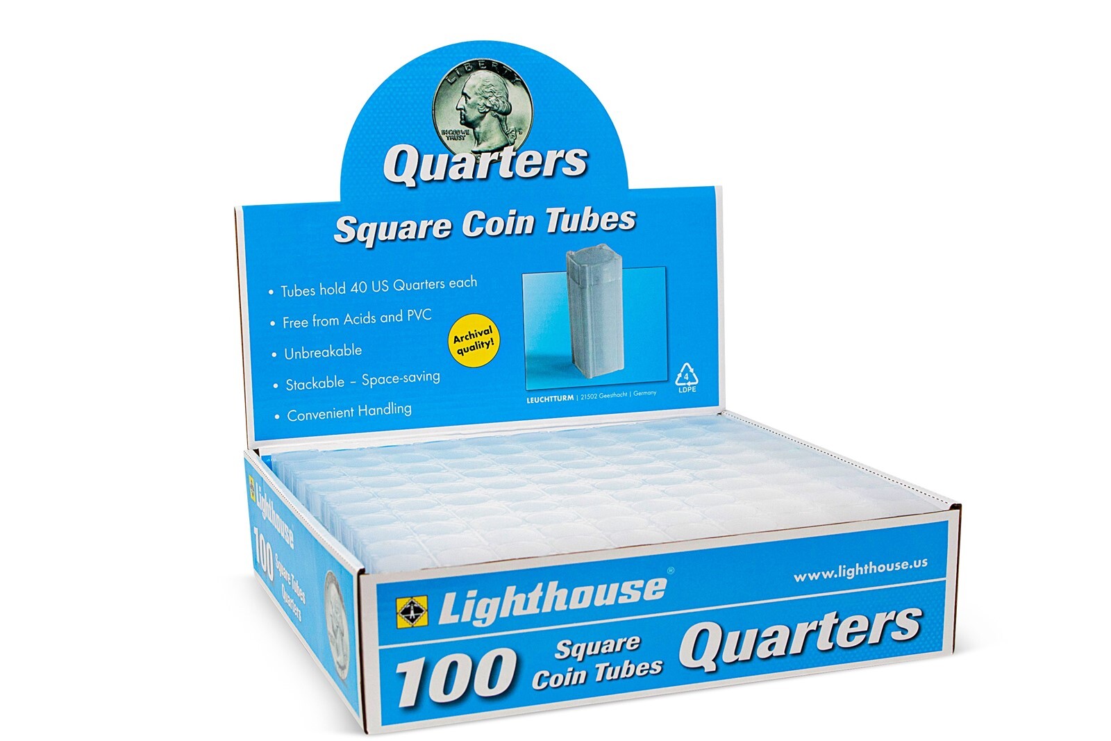 100 Square US Quarter Coin Tubes Archival Stackable Durable Lighthouse ...