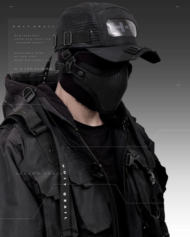 Men's Techwear Streetwear Black Cap with Strap Adjustable Mechanized ...