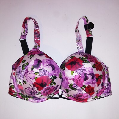 Victoria Secret Bra 32D Bombshell Push Up Floral Shine Strap Adds 2 Cup ...